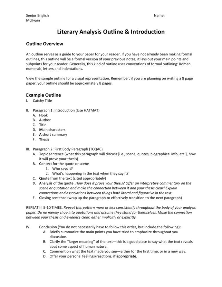 Literary Analysis Outline Introduction Guide Literary Analysis Outline Introduction Guide
