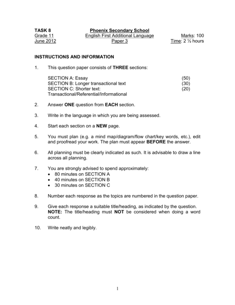 Task 8 Grade 11 English FAL Paper 3 June 2012 Task 8 Grade 11 English FAL Paper 3 June 2012