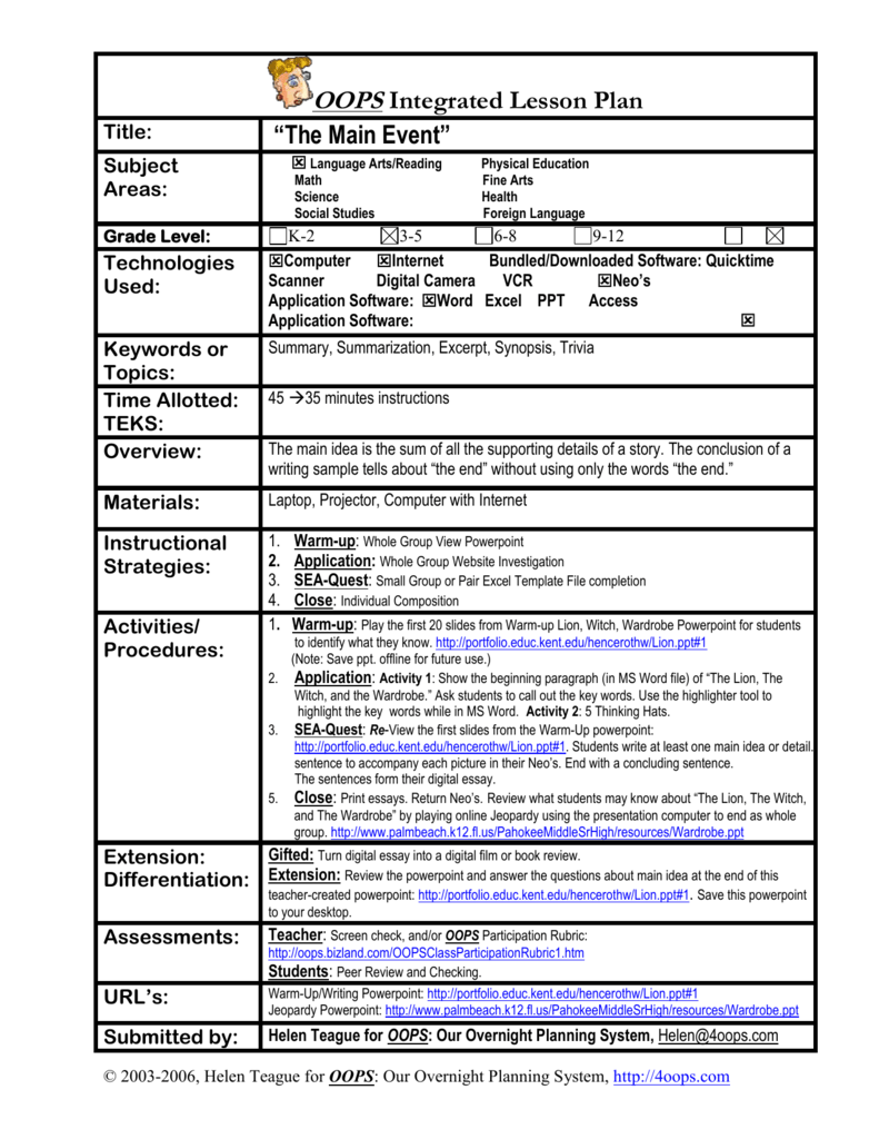 OOPS Integrated Lesson Plan Template