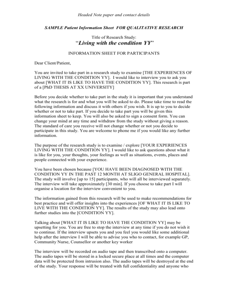 Sample Research Subject Information Sheet Sample Research Subject Information Sheet
