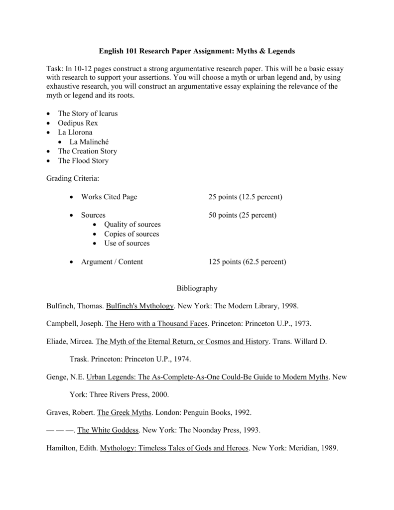 English 101 Research Paper Assignment Myths Legends English 101 Research Paper Assignment Myths Legends