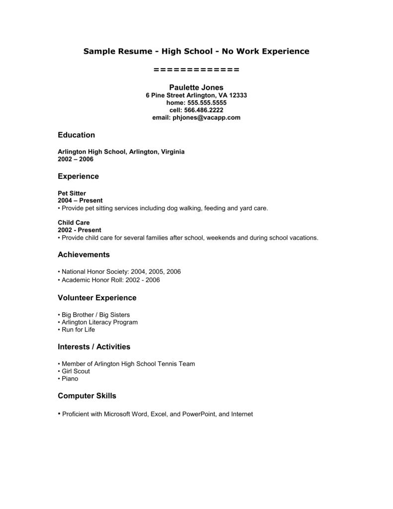 Sample Resume High School No Work