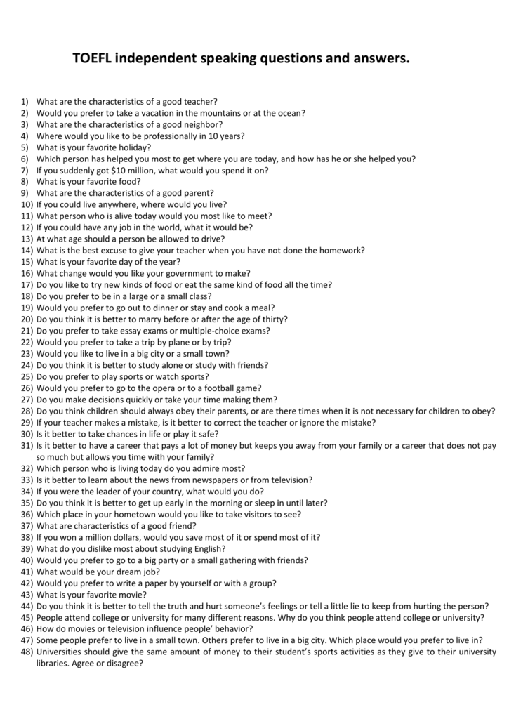 Speaking Test Questions Speaking Test Questions