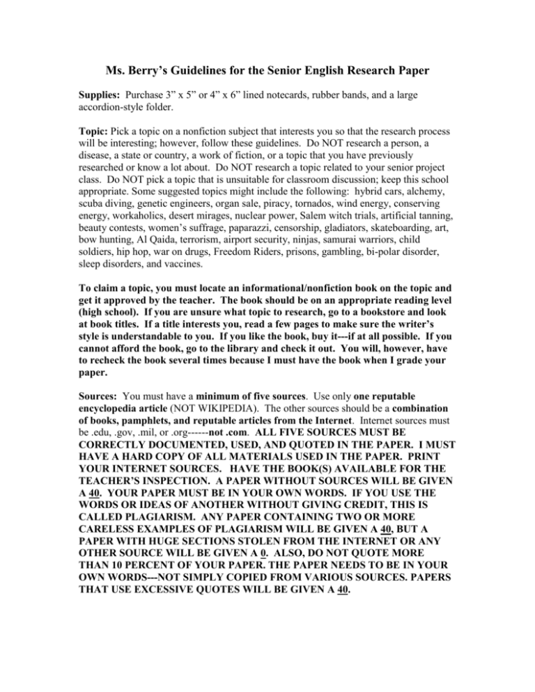 Guidelines For The Senior English Research Paper Guidelines For The Senior English Research Paper