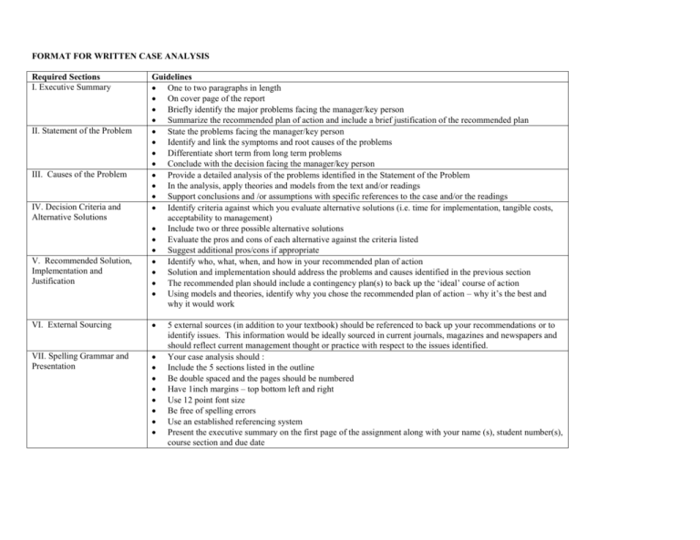 FORMAT FOR WRITTEN CASE ANALYSIS