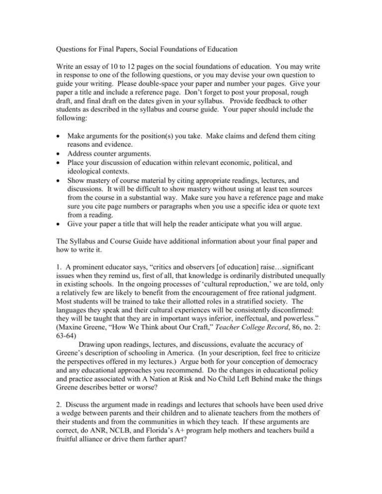 Questions For Final Papers Social Foundations Of Education