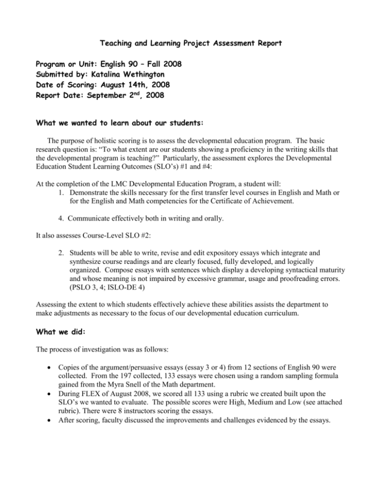 Teaching And Learning Project Assessment Report