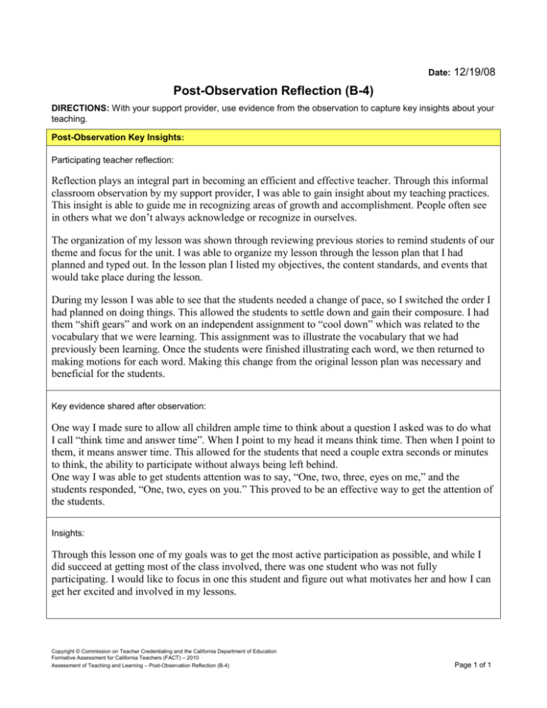 Sarah 3rd Grade Post Observation Reflection