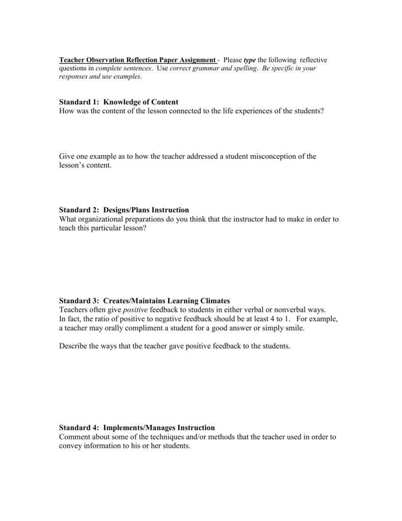 Teacher Observation Reflection Paper