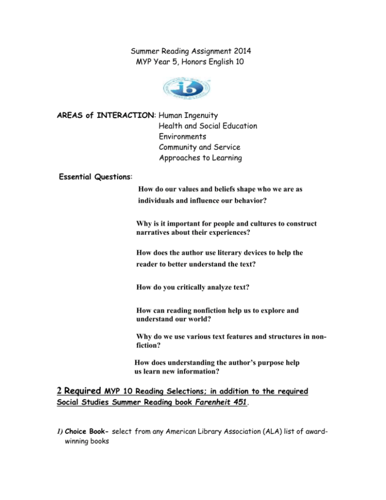 Summer Reading Assignment 2014 MYP Year 5 Honors English 10