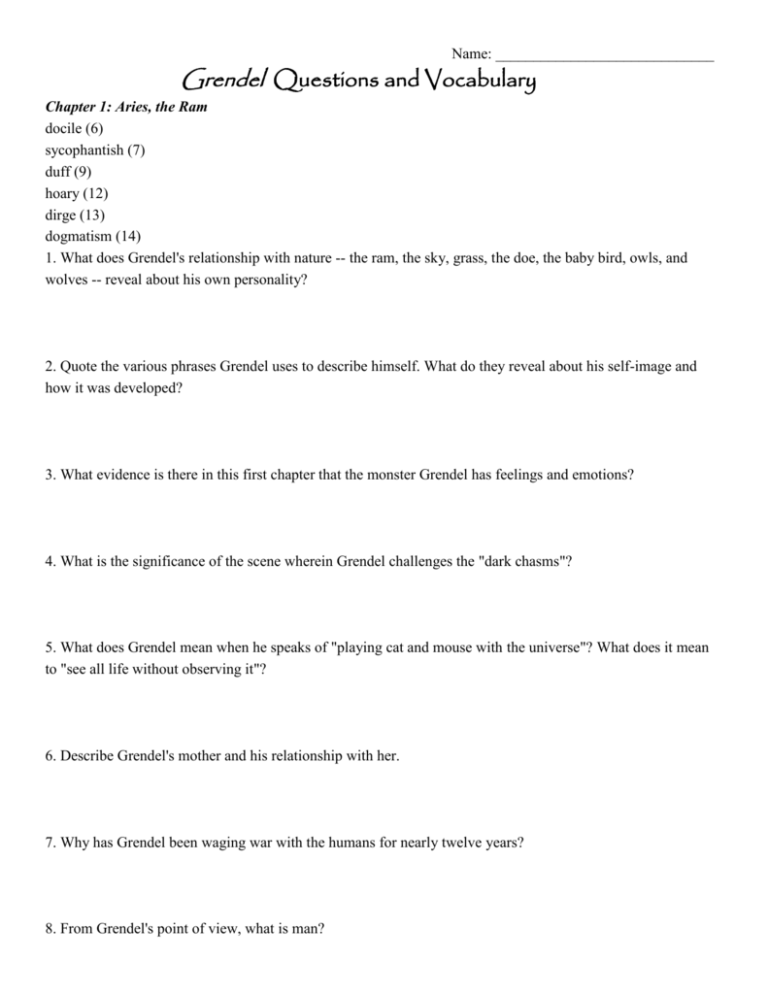Grendel Study Guide: Questions & Vocabulary by Chapter