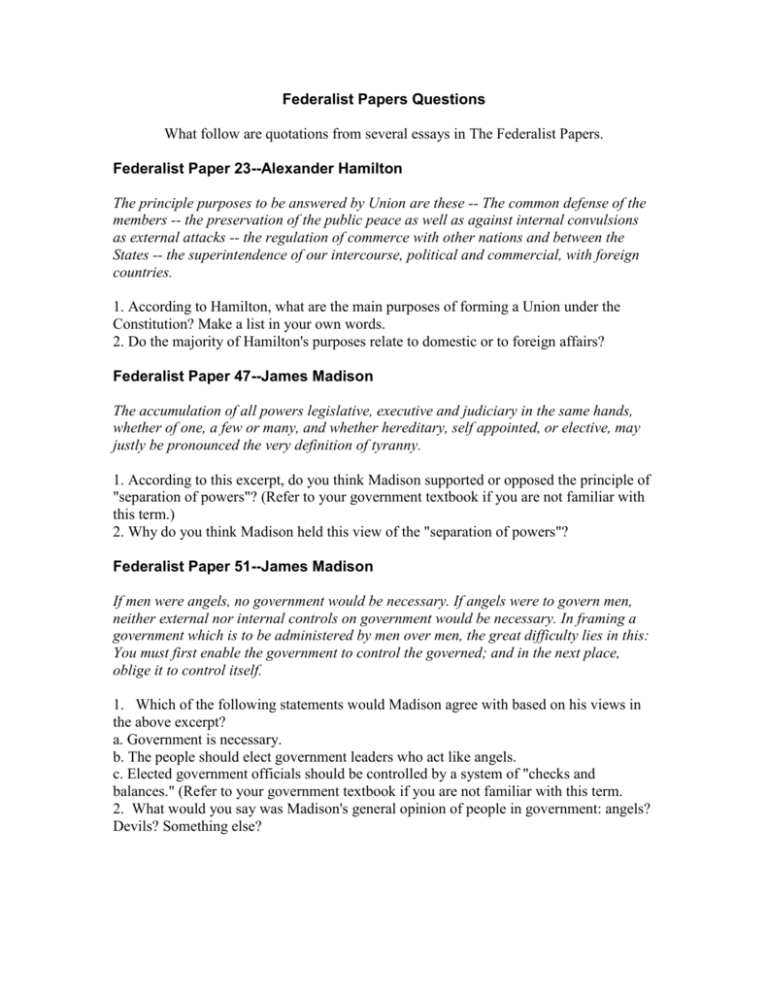 Federalist Papers Questions