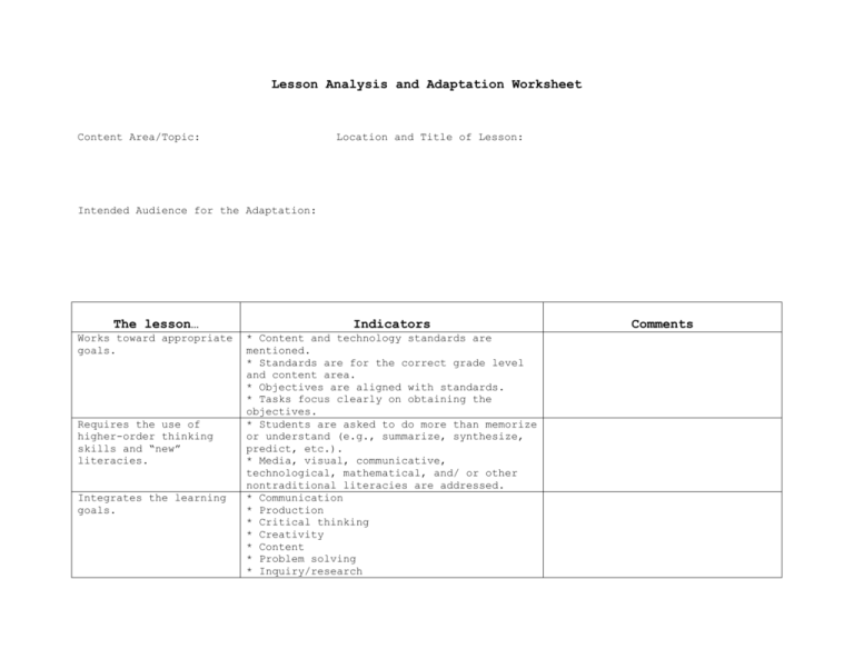Lesson Analysis And Adaptation Worksheet