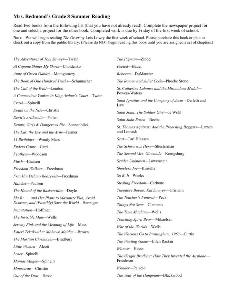 Summer Reading List Grade 8