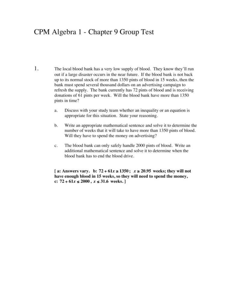 CPM Chapter 9 Group Test KEY 1 CPM Chapter 9 Group Test KEY 1