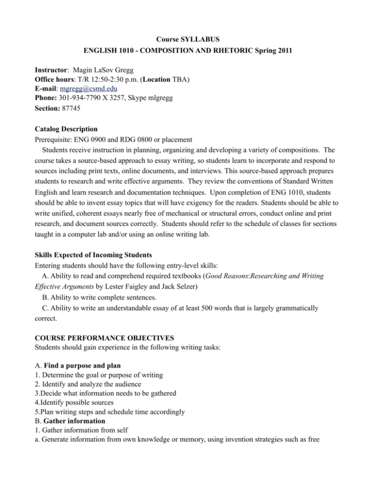 English 1010 Syllabus English 1010 Syllabus