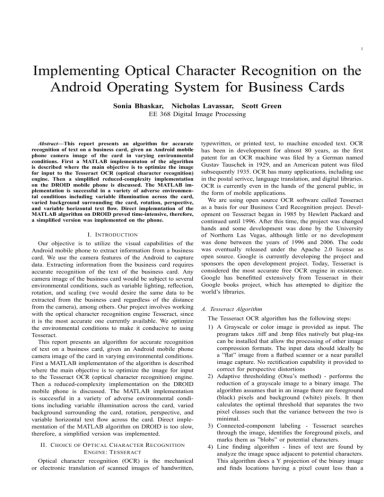 Implementing Optical Character Recognition On The Android