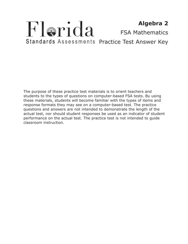 Algebra 2 FSA Computer Based Practice Test Answer Key