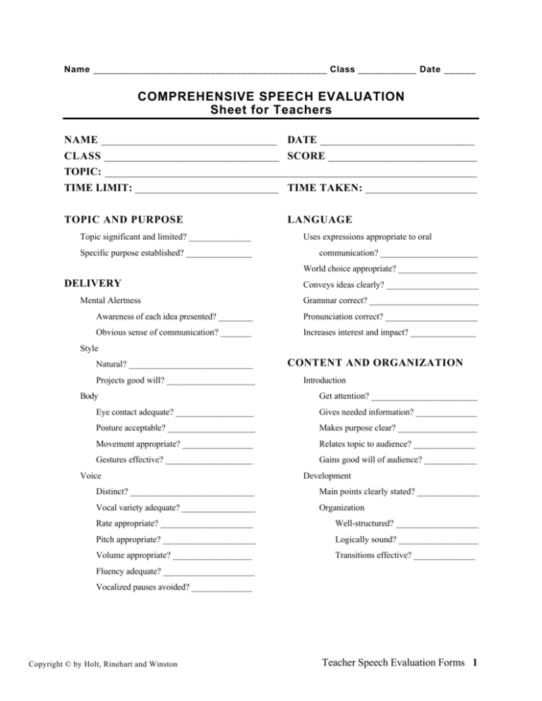Comprehensive Speech Evaluation Sheets Comprehensive Speech Evaluation Sheets
