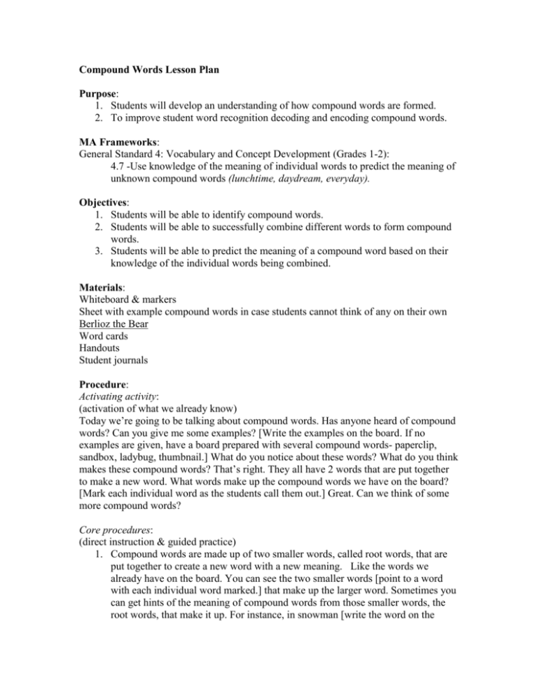 Compound Words Lesson Plan For Elementary School Compound Words Lesson Plan For Elementary School