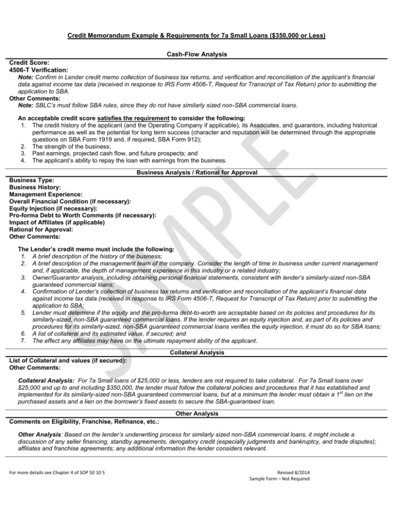 Credit Memorandum Example Requirements For 7a Credit Memorandum Example Requirements For 7a