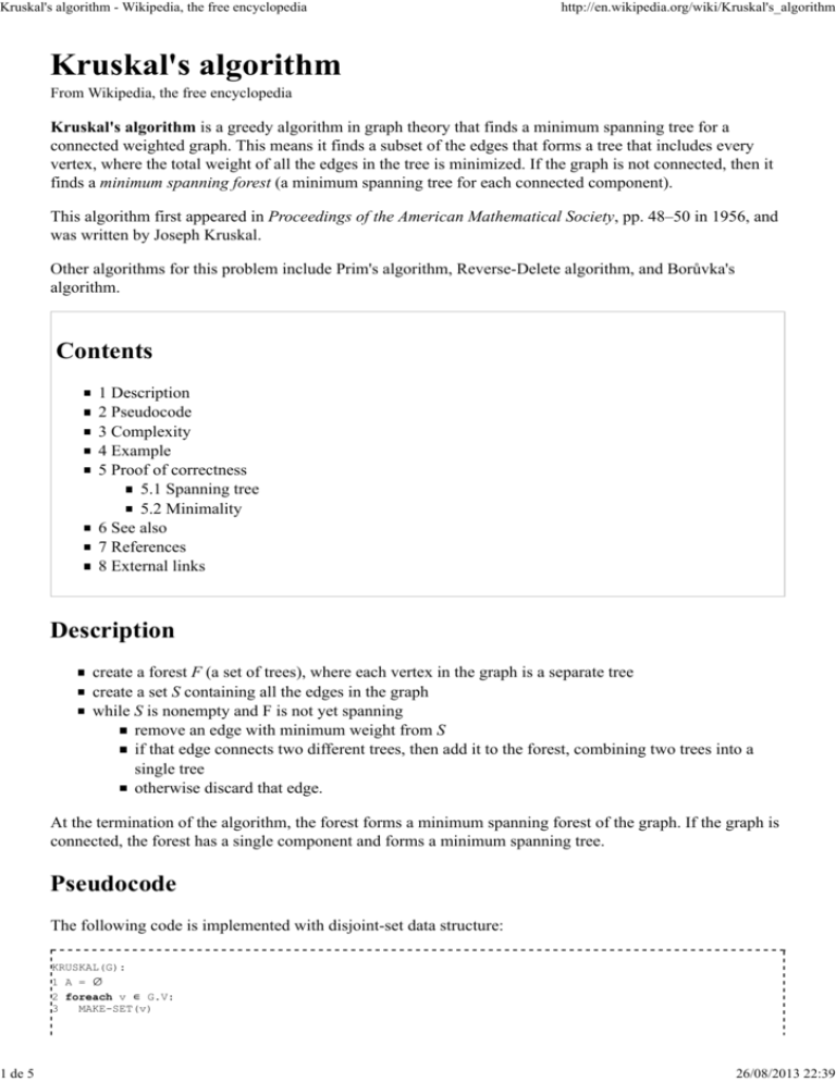 Kruskal s Algorithm Wikipedia The Free Encyclopedia