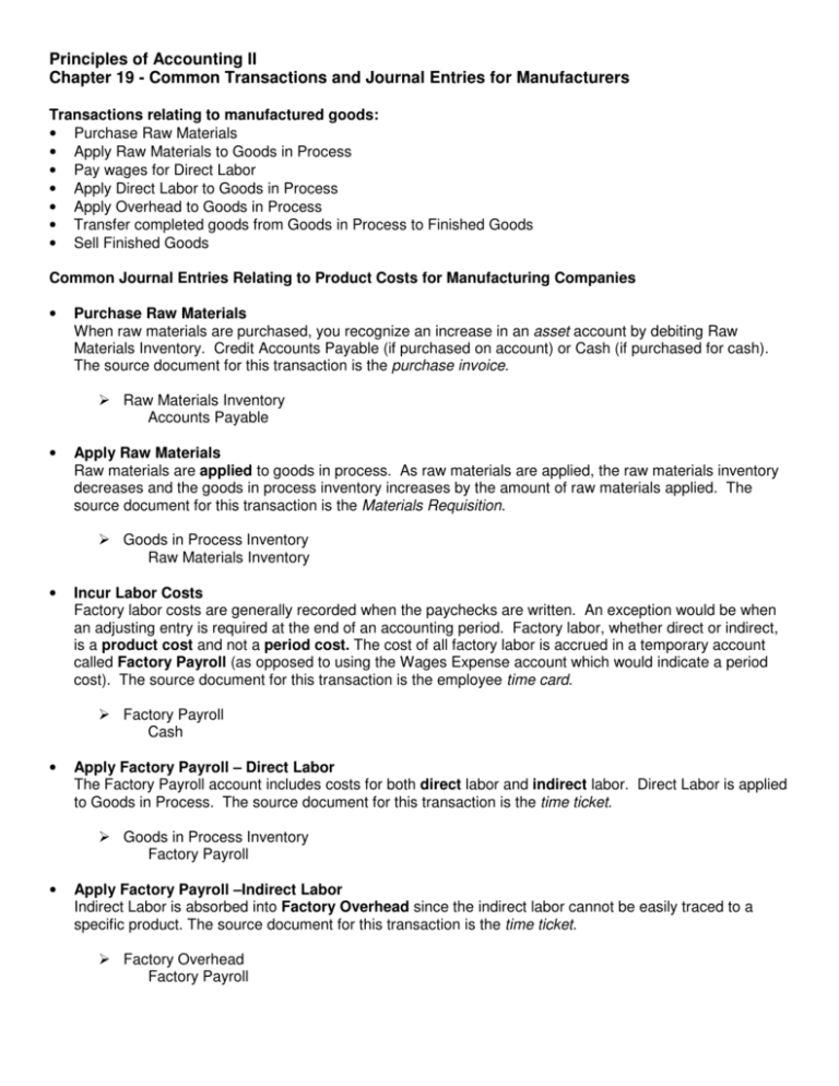 Journal Entries For Manufacturers