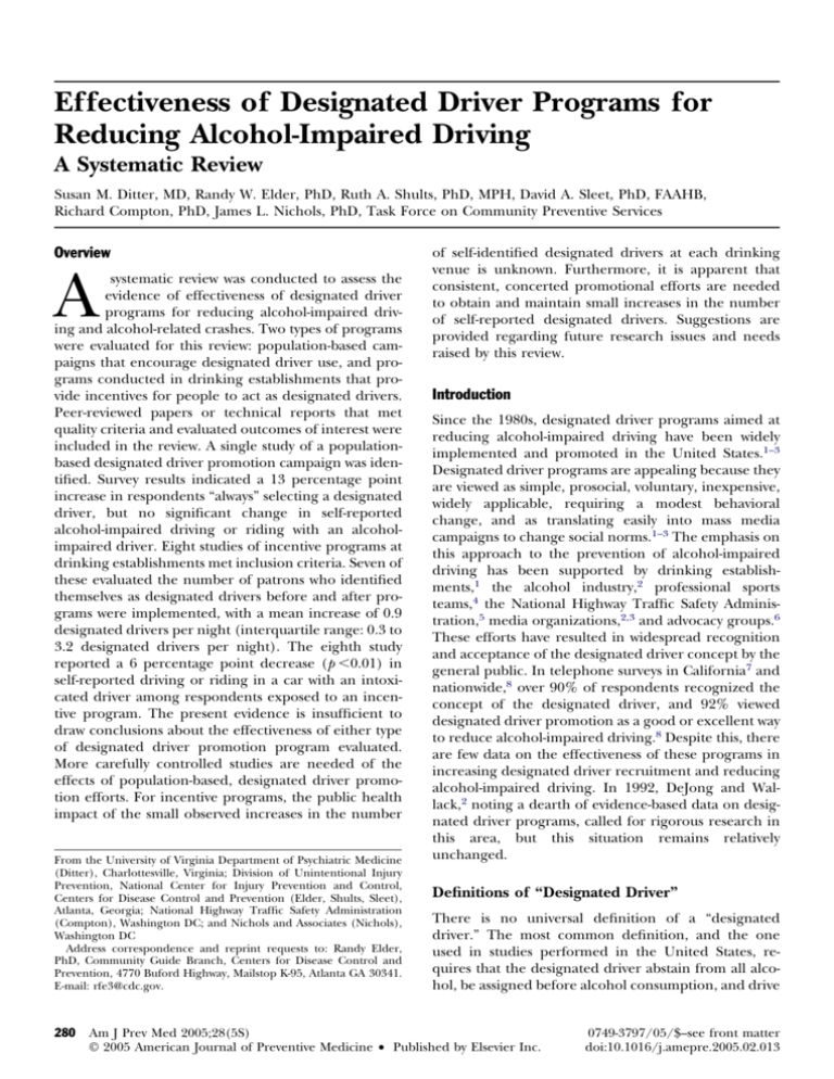 Effectiveness of Designated Driver Programs for Reducing Alcohol