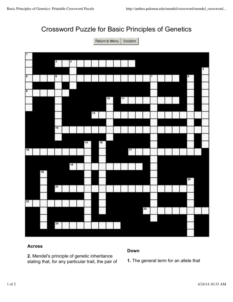 Basic Principles Of Genetics Printable Crossword Puzzle Basic Principles Of Genetics Printable Crossword Puzzle