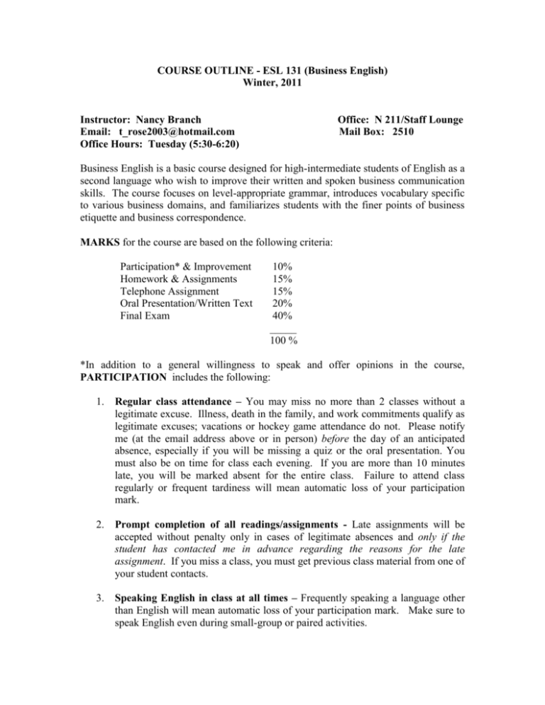COURSE OUTLINE - ESL 131 (Business English)