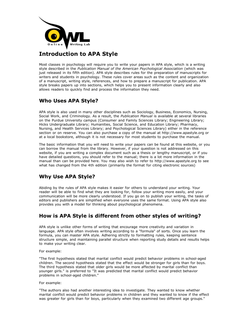 Introduction To APA Style Department Of Psychology