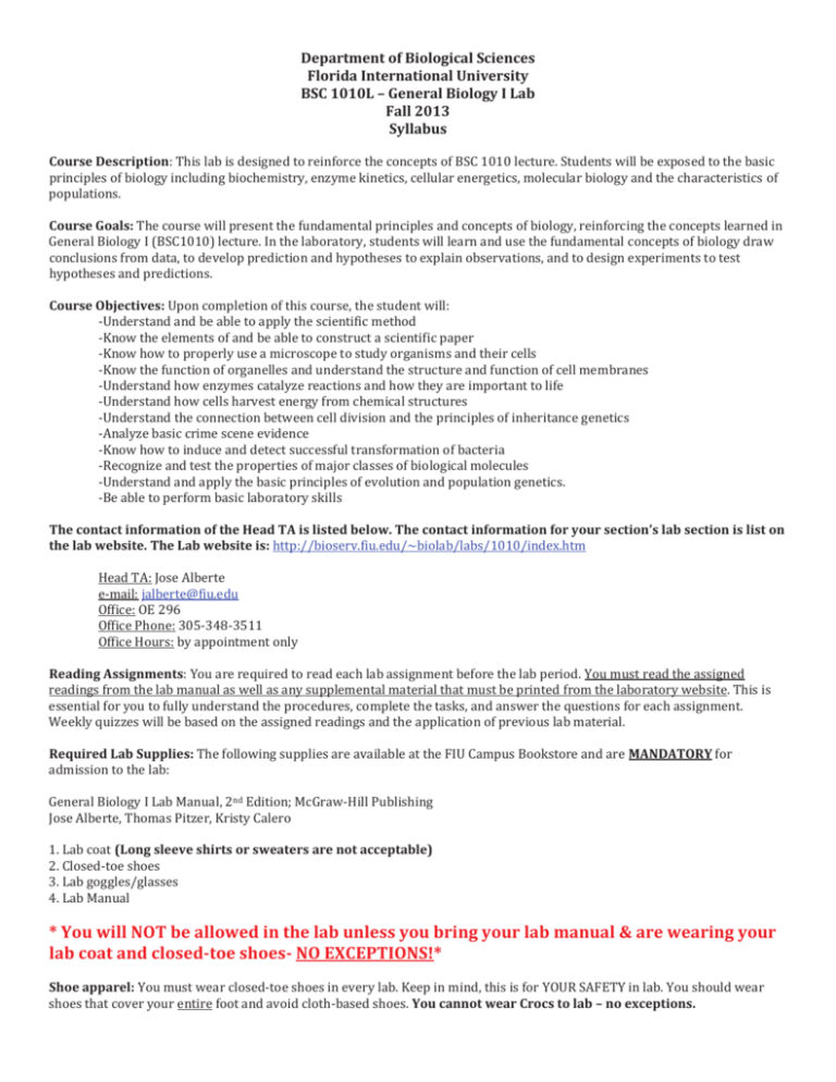 BSC 1010L General Biology I Lab Syllabus - FIU