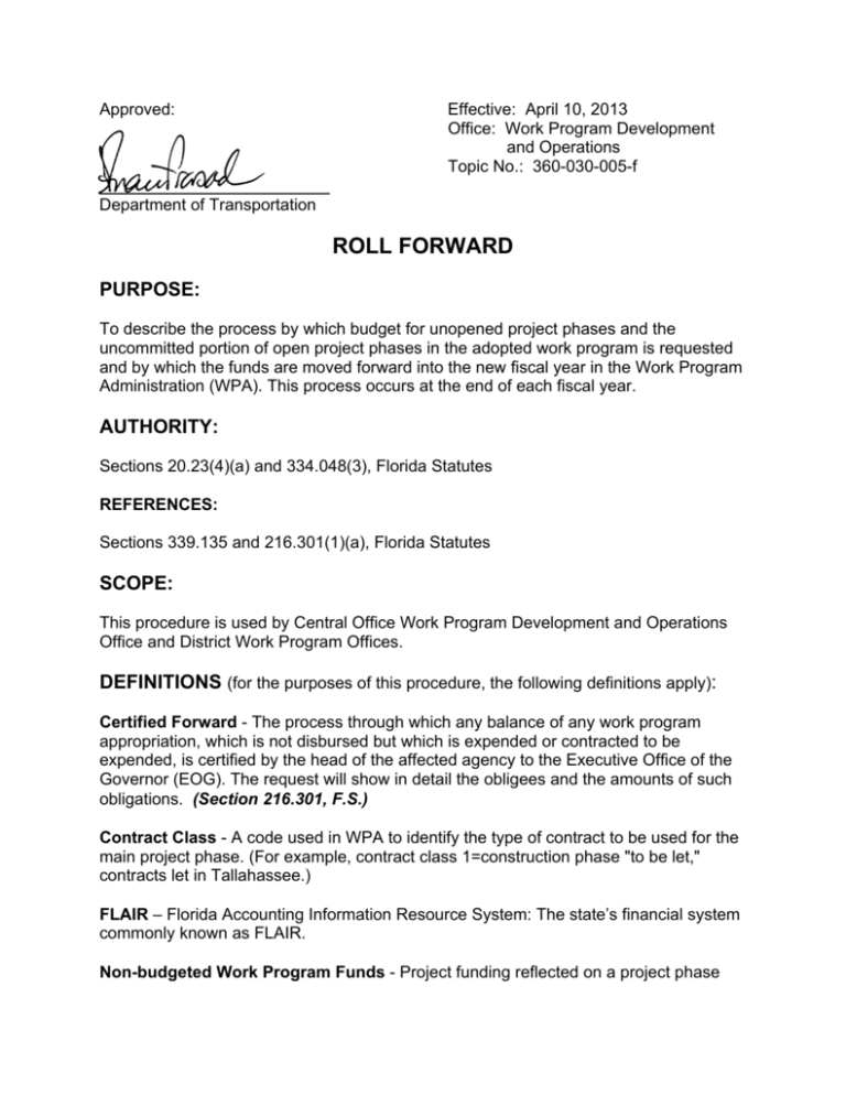 ROLL FORWARD - Florida Department of Transportation