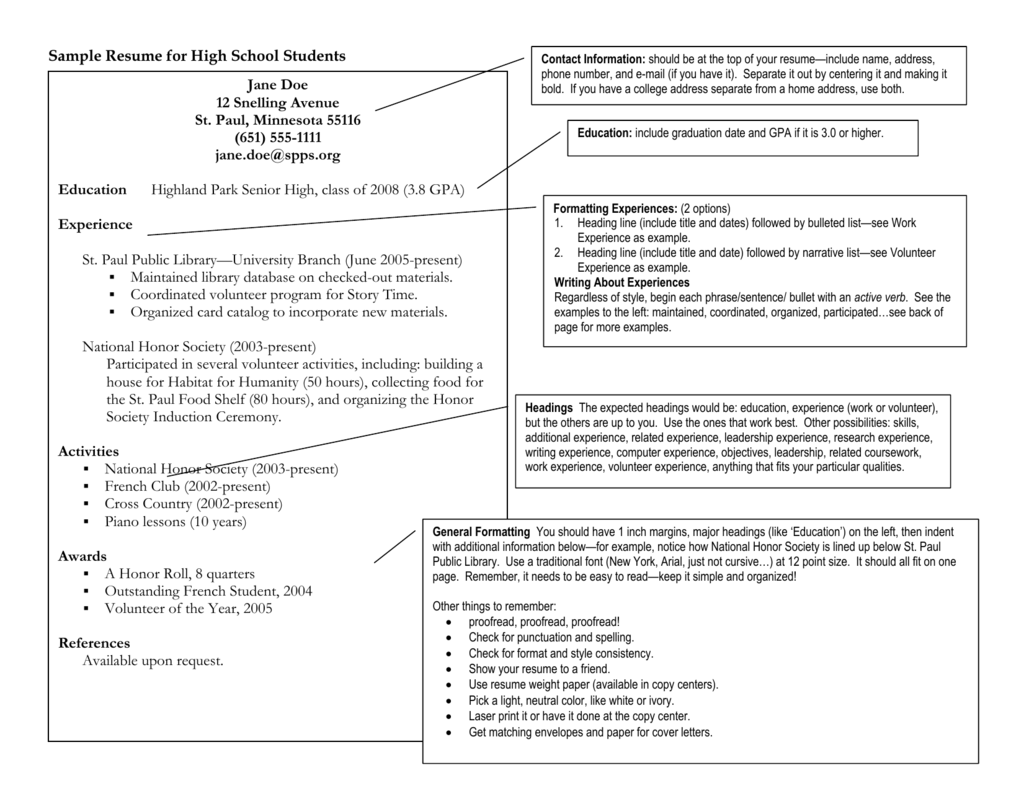 Sample Resume For High School Students Sample Resume For High School Students