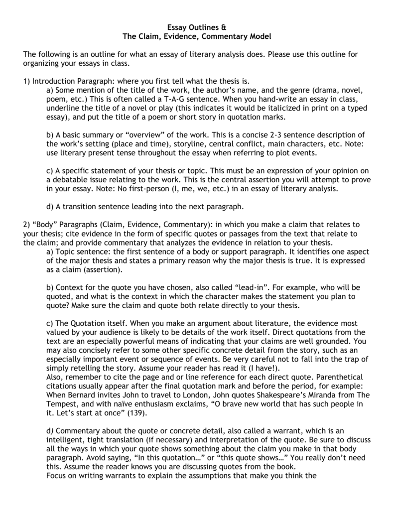 Essay Outlines The Claim Evidence Commentary Essay Outlines The Claim Evidence Commentary
