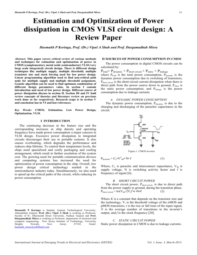 Estimation And Optimization Of Power Dissipation In Cmos