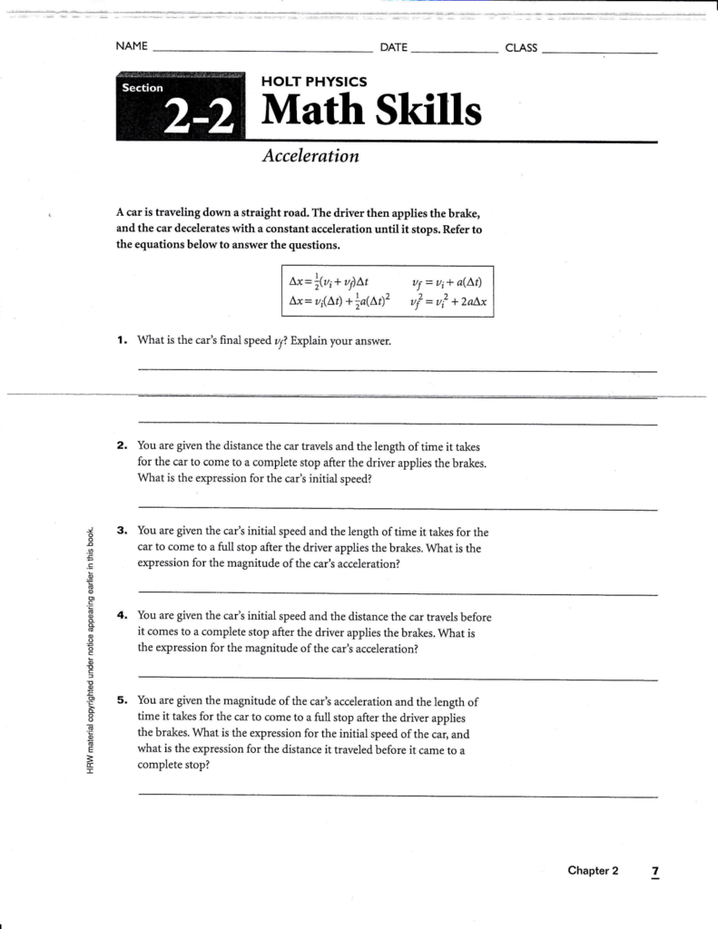 Acceleration Math Skills Worksheet Answers Matthew Sheridan s School 
