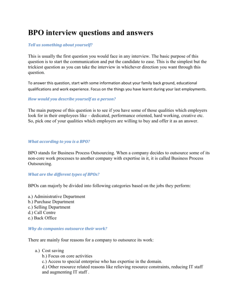 BPO Interview Questions And Answers BPO Interview Questions And Answers