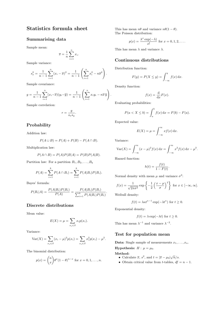 STATISTICS Formula Sheet STATISTICS Formula Sheet
