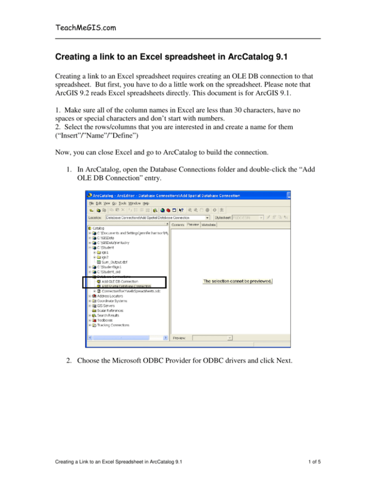 Creating A Link To An Excel Spreadsheet In ArcCatalog 9 1