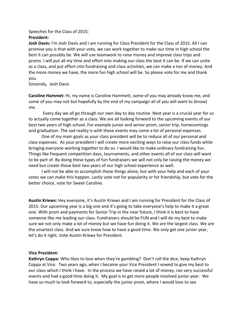 Speeches For The Class Of 2015 President Josh Davis I m Josh