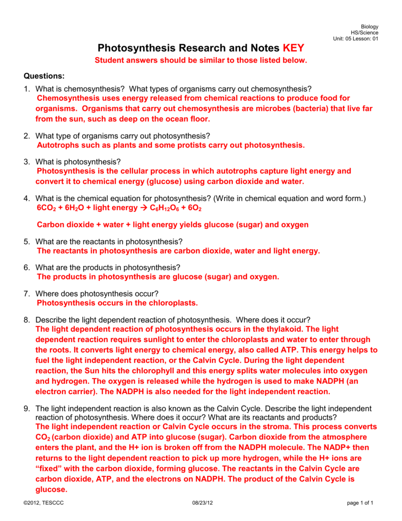 Photosynthesis Research And Notes KEY