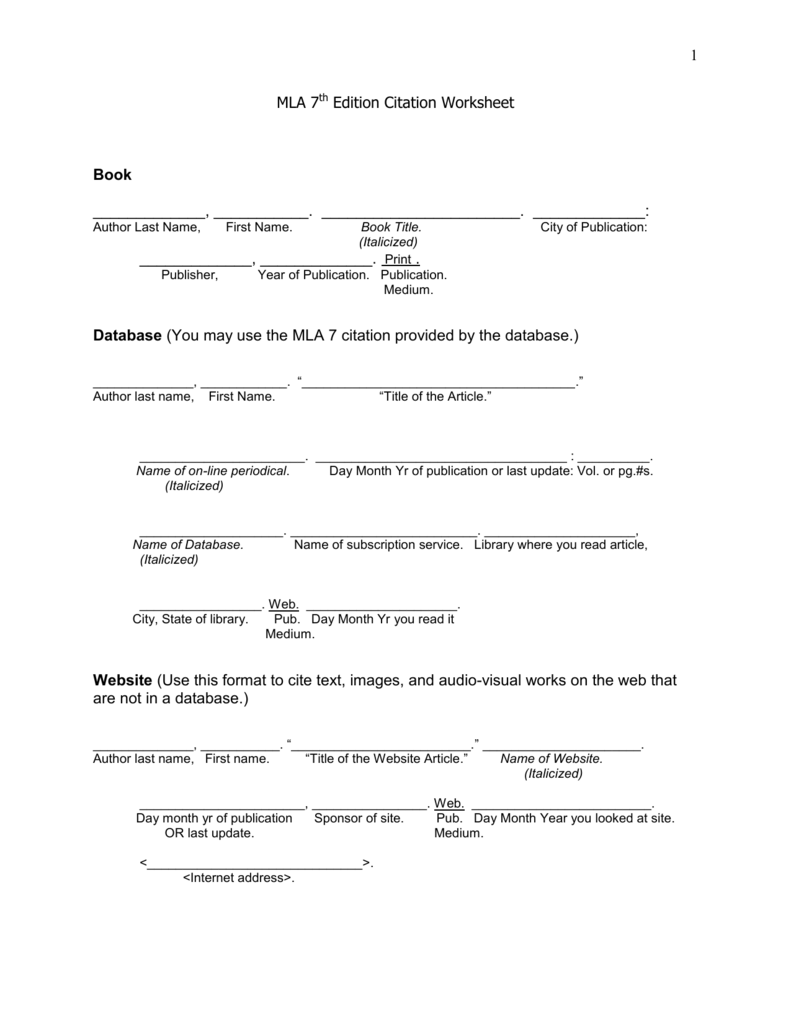 MLA Citation Worksheet
