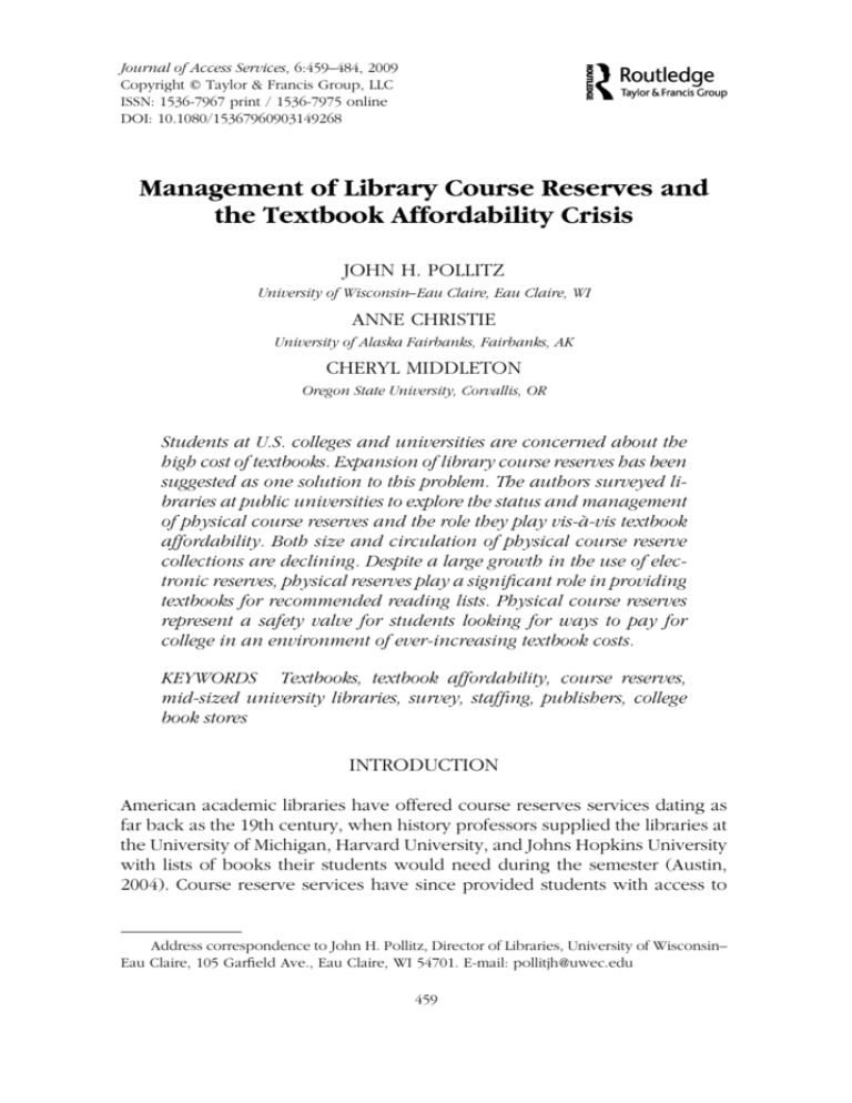 Management of Library Course Reserves and the Textbook