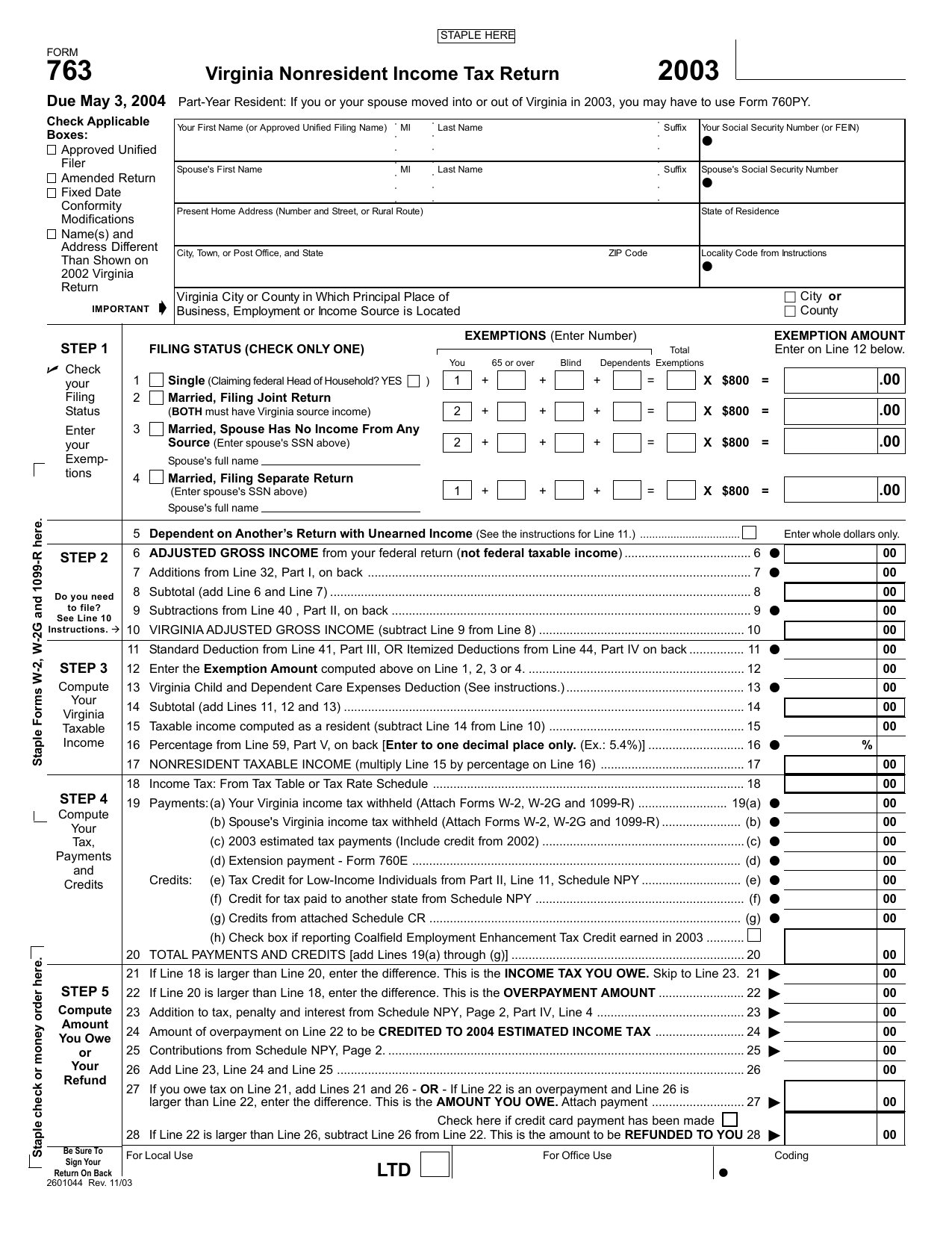Virginia Nonresident Income Tax Return LTD