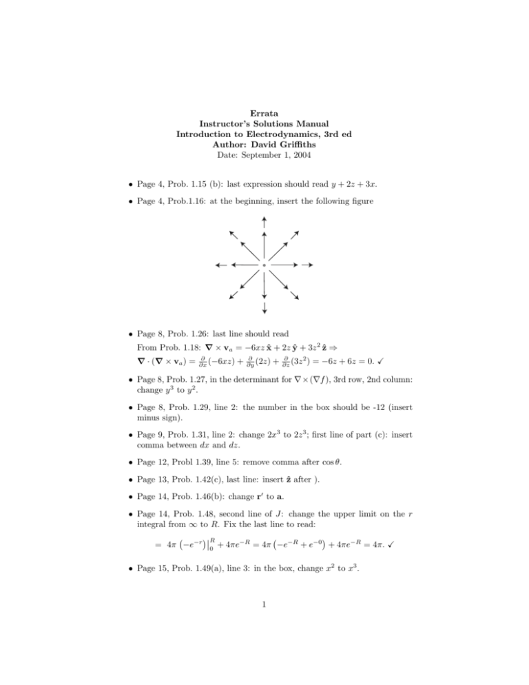Errata Instructor's Solutions Manual Introduction to Electrodynamics Errata Instructor's Solutions Manual Introduction to Electrodynamics