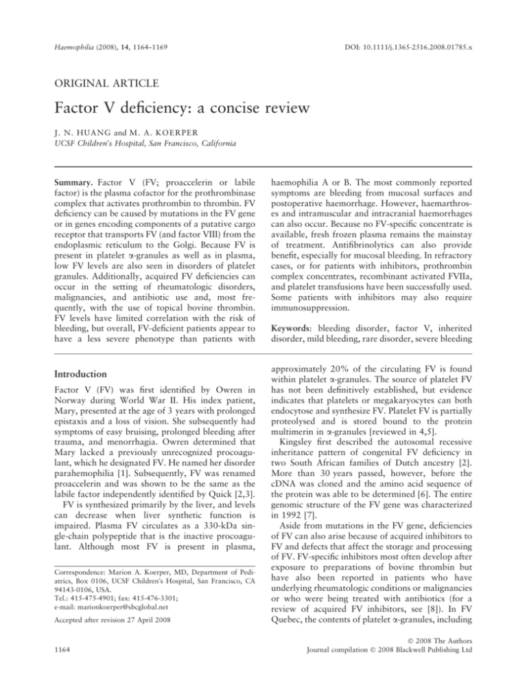 Factor V Deficiency A Concise Review Factor V Deficiency A Concise Review