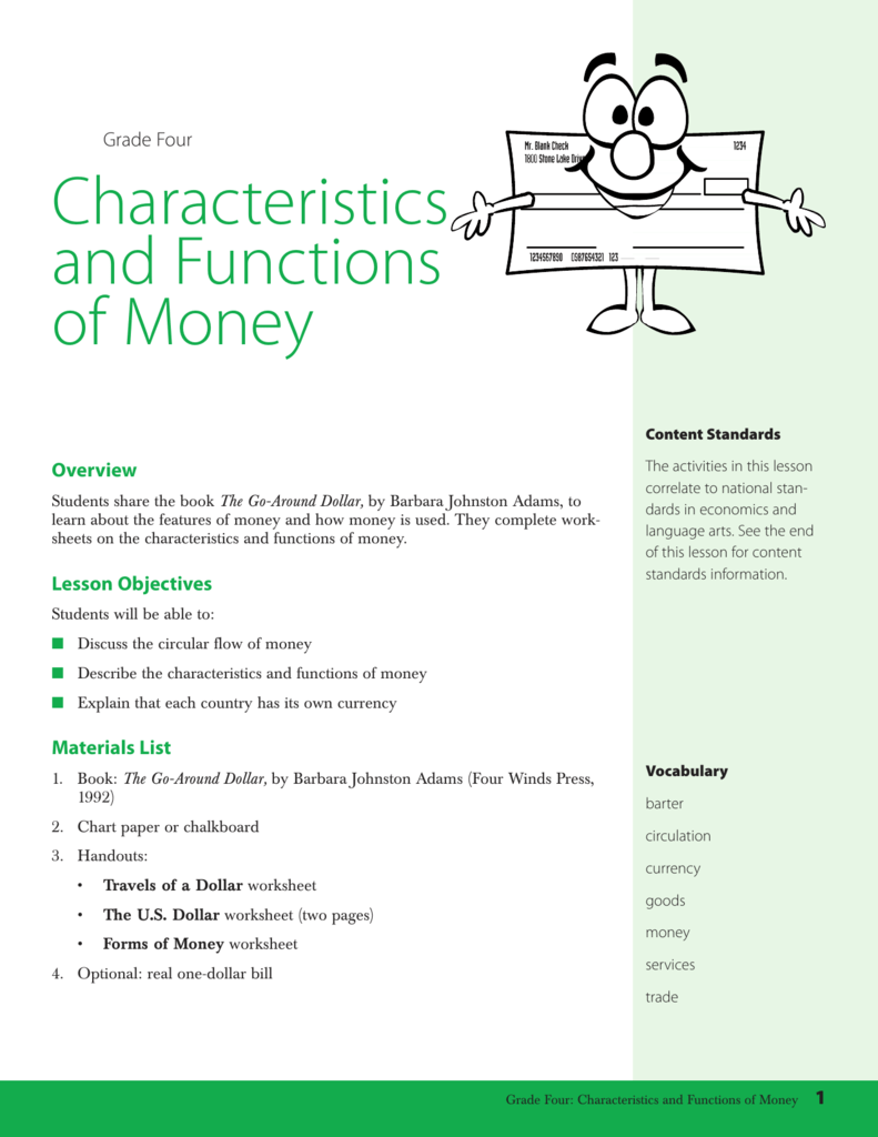 Grade Four Characteristics And Functions Of Money