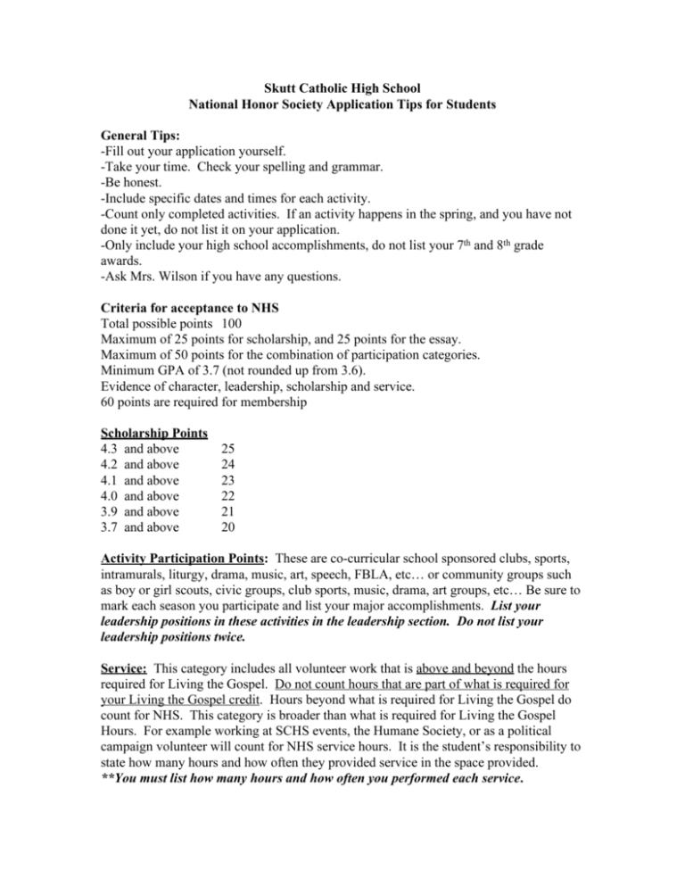 NHS Application Tips Skutt Catholic High School NHS Application Tips Skutt Catholic High School