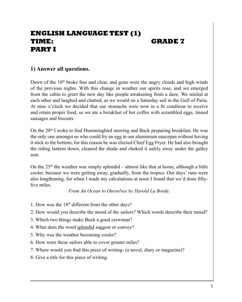 ENGLISH LANGUAGE TEST 1 TIME GRADE 7 PART I